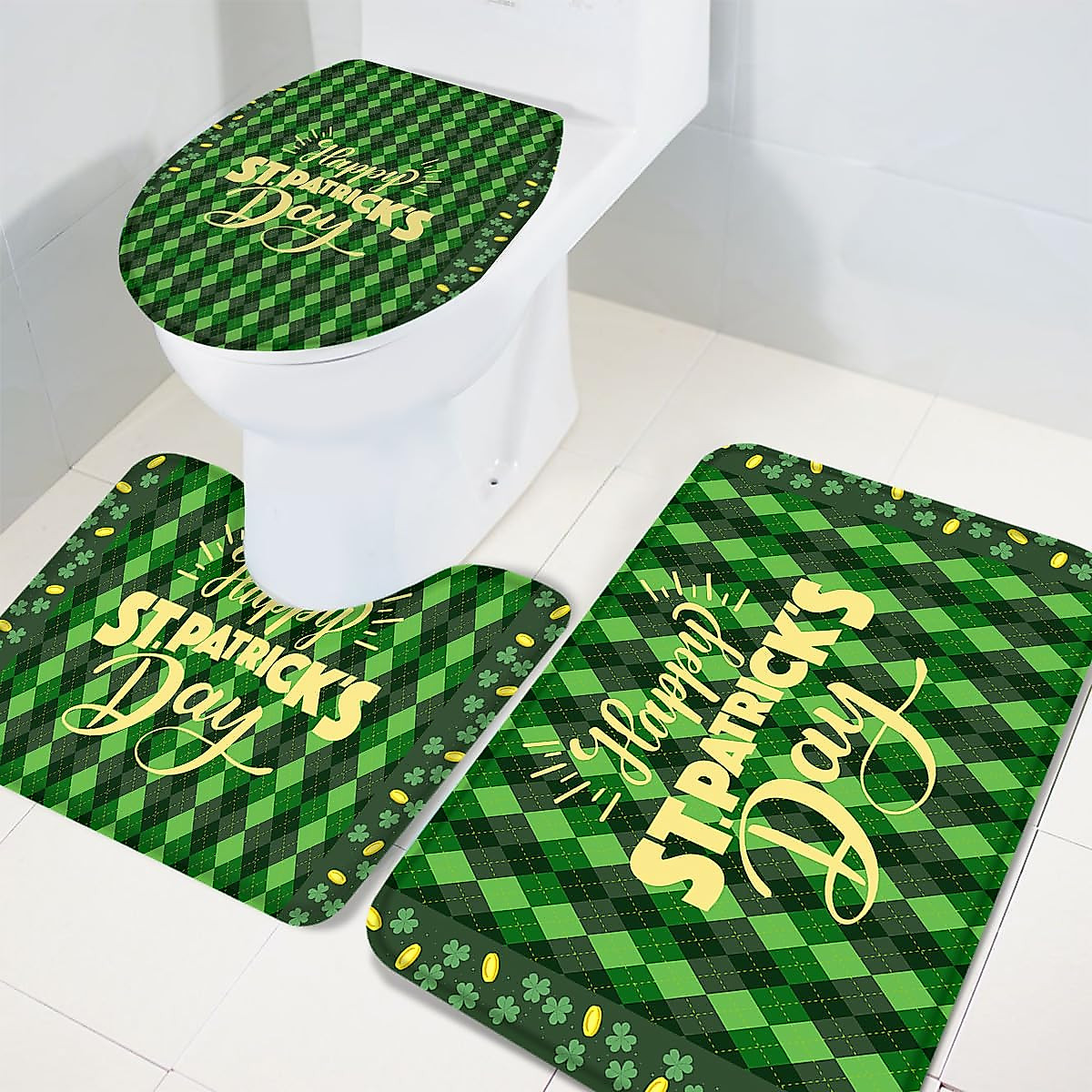 Bath Rugs for Bathroom Set 3 Piece St. Patrick's Day Green Diamond Plaid Lucky Shamrocks Clovers Non-Slip Washable Memory Foam Absorbent Bath Mat Rugs,U-Shaped Toilet Floor Mats,Toilet Lid Cover