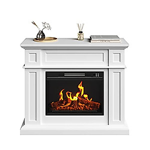 Electric Fireplace with Mantel - Freestanding Heater with Remote Control, Adjustable LED Flames and Faux Logs - Living Room Decor by Northwest (White)