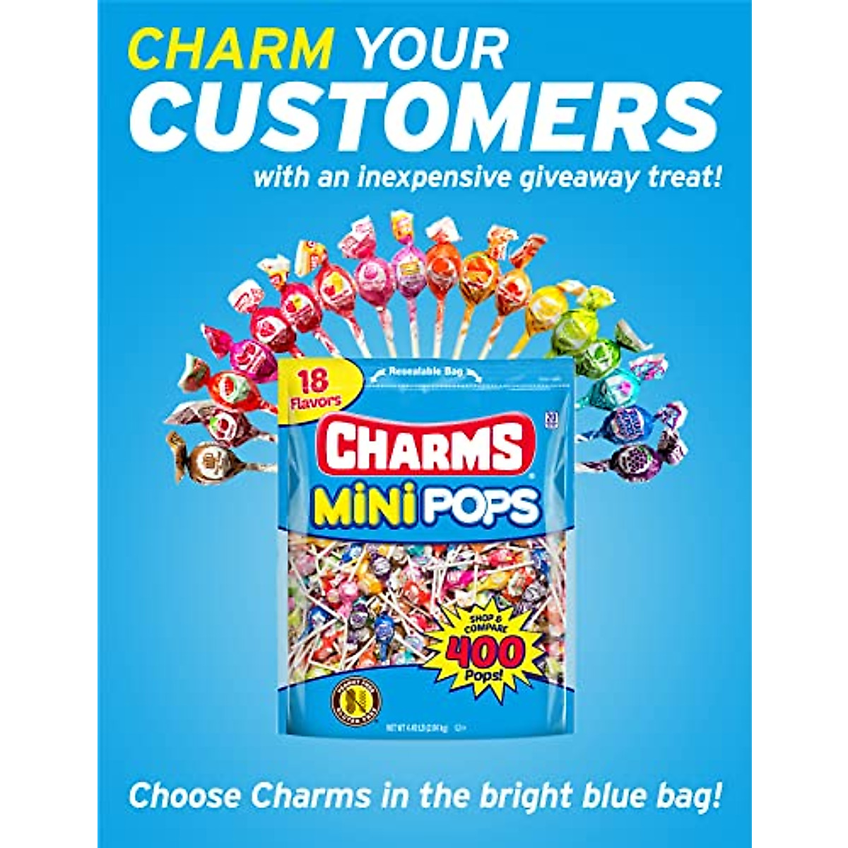 Tootsie Roll Charms Mini Pops, 18 Flavors,5 pounds, 400 Count Individually Wrapped, Peanut-Free Lollipops