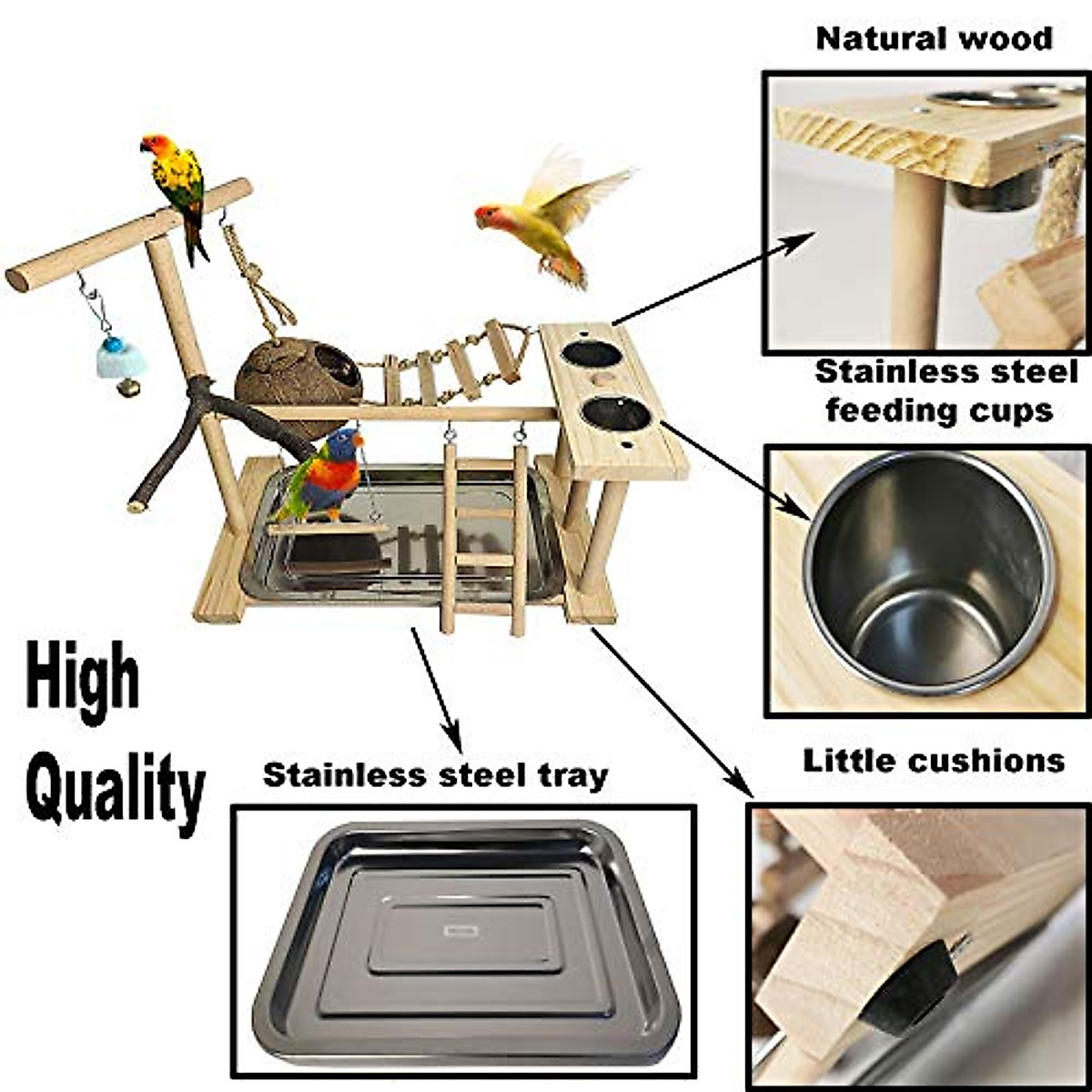 Parrots Playground Bird Play Stand Natural Wood Parrot Perch Gym Playpen Parakeet Nest with Feeder Cups Ladders Lovebirds Cage Accessories Toy Exercise Activity Center for Conure Cockatiel Lovebirds