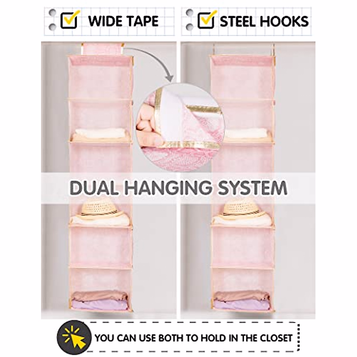 DAMAHOME Hanging Closet Organizer Storage - 6-Tier Collapsible Hanging Shelves with Sturdy Hooks, 4 Side Pockets, Foldable Sweater Organizer, For Closet/Kids/RV/ Camper/Dorm 12"W X 12"D X 48"H (Pink)
