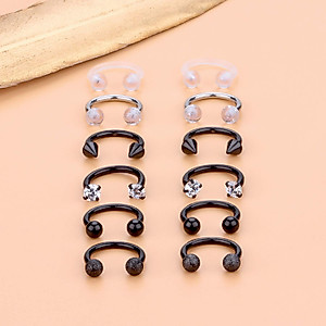 Hoeudjo Septum Hoop Nose Ring 16G Surgical Steel Circular Horseshoe Rings Piercing Jewelry with Cubic Zirconia Cartilage Helix Earring Barbell Retainer for Women Men 12 Pieces 8mm Black