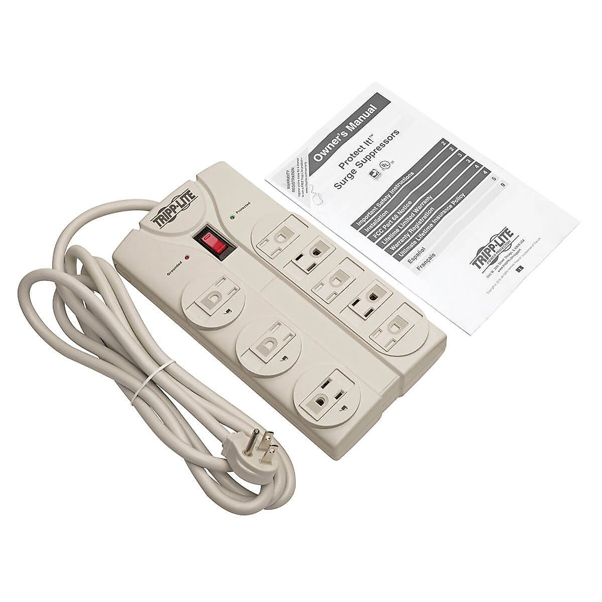 Tripp Lite 8 Outlet Surge Protector Power Strip, 8ft Cord Right Angle Plug, LIFETIME INSURANCE & $75K INSURANCE (TLP808) light gray