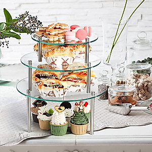 Hacaroa 3 Pcs Tempered Glass Cupcake Stands, 9,11,12.6 Inch Round Food Display Stand Clear Retail Risers for Cakes, Desserts, Pastries, Appetizers