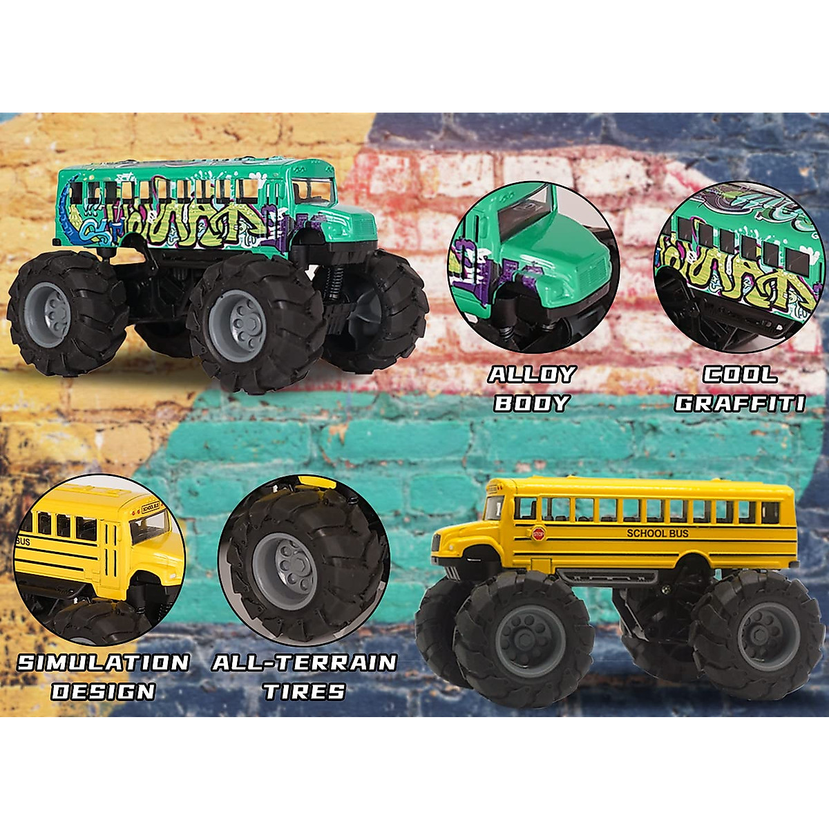 Crelloci School Bus Monster Truck Toy - 2 Pack Set Die Cast Yellow School Bus Toy, Pull Back Car Toys, Big Wheel Monster Truck Play Vehicles Gifts for Toddlers, Kids, Boys