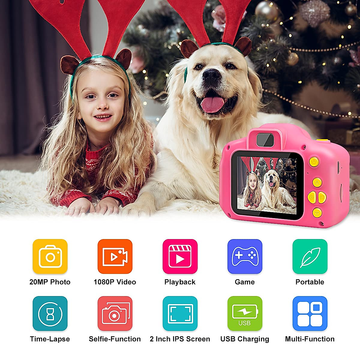 OZMI Kids Camera Toys for 3-9 Year Old Girls, Kids Selfie Camera Compact for Child Little Hands, Smooth Shape Toddler Camera, Best Christmas Birthday Gift for 4 5 6 7 8 9 Year Old Girls with 32GB Card