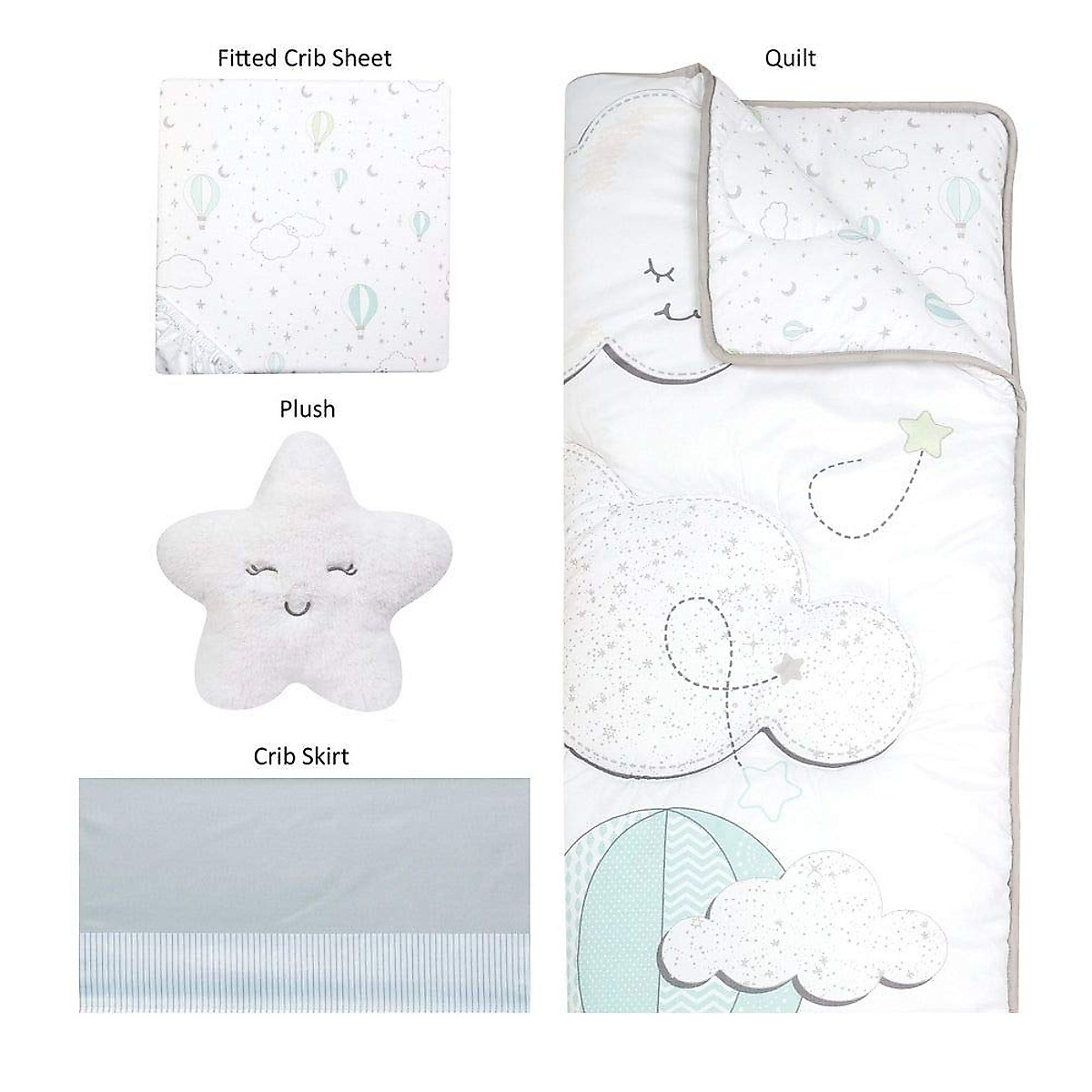 TRP 4 Piece Multi Color Whimsical Starry Cloudy Sky Crib Bedding Set, Beautiful All Over Clouds Stars Hot Air Balloons Grey Green Blue Hues Soft White Plush Fabric Cozy Comfy Nursery Decor