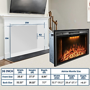 Velaychimney Electric Fireplace Insert, 36 Inches Recessed Fireplace Heater with Adjustable Flame and Top Light Colors, Fire Crackling Sound, Remote Control, Timer, 750W/1500W, Black