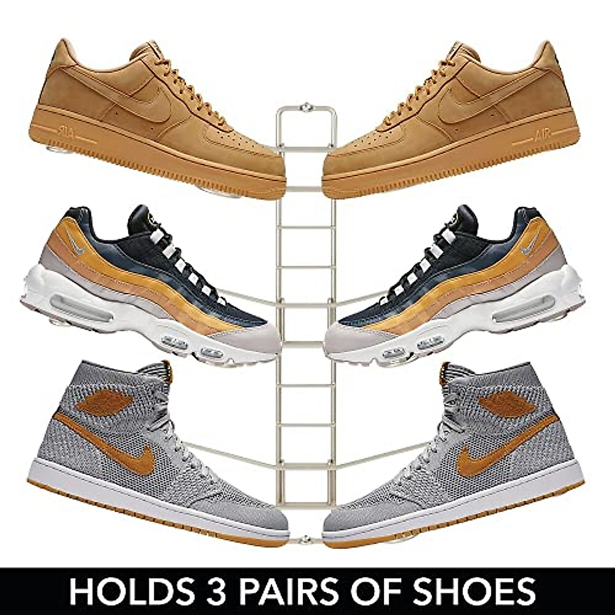 mDesign Modern Metal Shoe Organizer Display & Storage Shelf Rack - Adjustable Shelves Hang & Store Kicks, Running, Basketball, Trainers, Tennis Shoes - 3 Tier, Wall Mount - Holds 6 Shoes - Satin