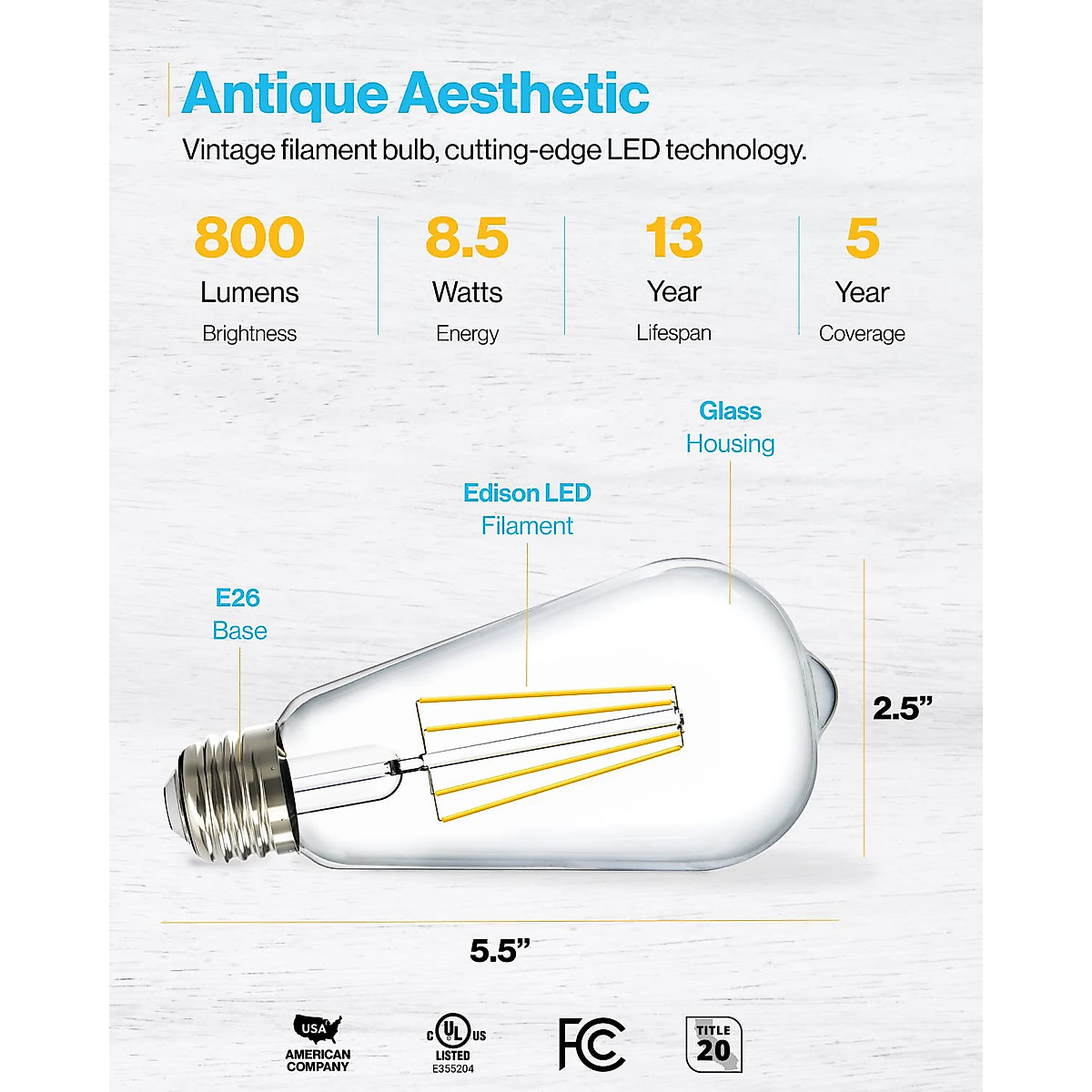 Sunco 10 Pack 60W Vintage LED Edison Bulbs Equivalent 8.5W CRI92 800 Lumens, Dimmable ST64 Filament 3000K Warm White E26 Medium Base Light Bulbs High Brightness Clear Glass Waterproof UL
