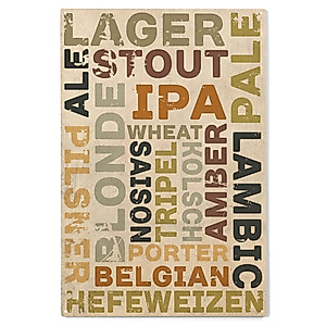 Lantern Press 10x15 Inch Wood Sign, Ready to Hang Wall Decor, Beer Typography, Types of Beer