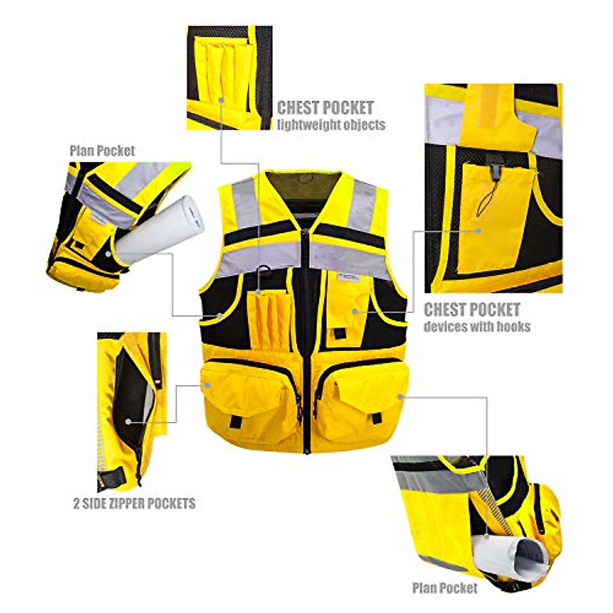 ZUJA 3M Reflective stripes Safety Vest Hi-vis Yellow knitted Vest with 10 pockets Bright Construction Workwear for men and women. (Medium)