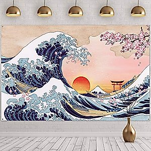 Great Wave Wall Hanging Ocean Wave Photo Banner Japanese Kanagawa Backdrop Sunset Cherry Blossom Art Nature Background for Japanese Party Wall Home Decorations, 72.8 x 43.3 Inch