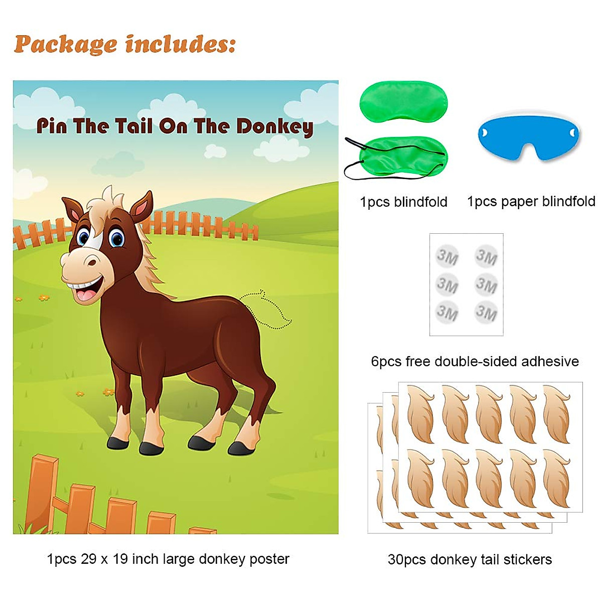 Hxezoc Pin The Tail On The Donkey Party Game with 30 Pcs Tails Large Donkey Games Poster for Kids Birthday Party Carnival Party Supplies