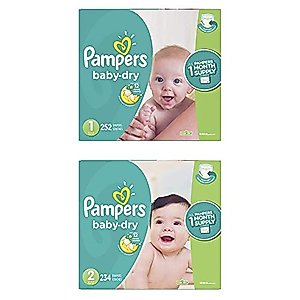 Pampers Bundle - Baby Dry Disposable Baby Diapers Sizes 1, 252 Count & 2, 234 Count (Total 2 Month Supply) with Pampers Sensitive Water-Based Baby Wipes, 12 Packs of 72, 864 Count