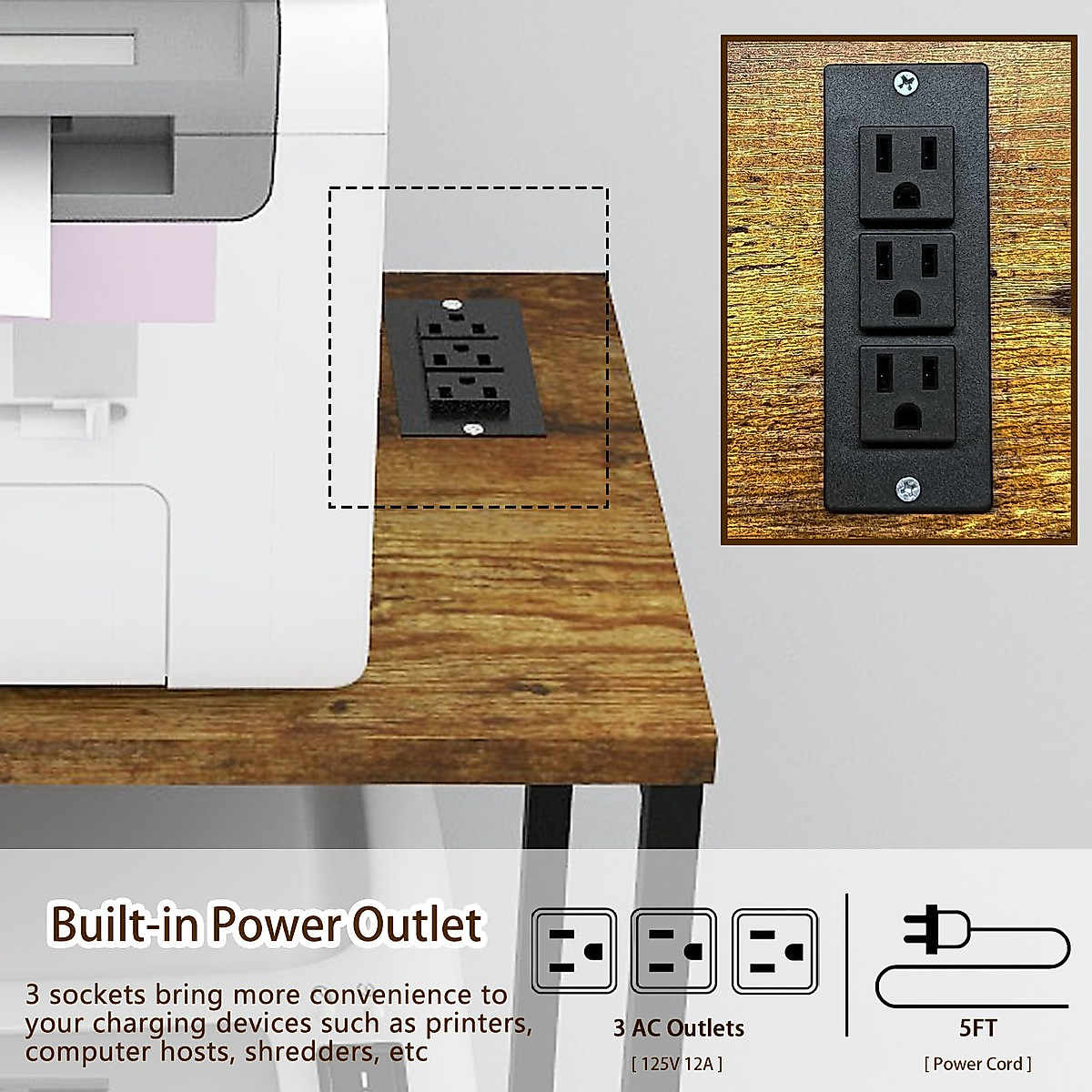 Natwind Computer PC Case Tower and Printer Stand with Charging Station, Printer Table with Wheels, Shredder CPU Stand, Computer Host Cart, PC Tower Storage Shelf for Home Office Organization (Retro)