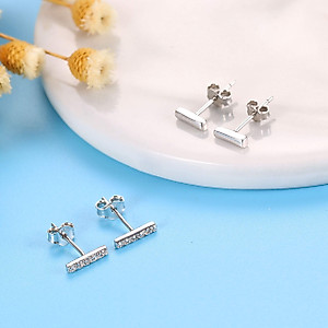 Sllaiss 2 Pairs 925 Sterling Silver Tiny Bar Stud Earrings for Women Men White Gold Plated CZ Bar Earrings Set Rectangle Line Earrings Huggie Cartilage Silver