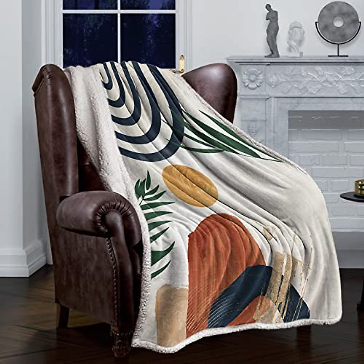 Mid Century Sherpa Flannel Throw Blankets,Boho Abstract Leaf Thick Reversible Plush Fleece Blanket for Bed Couch Sofa,Geometric Minimalist Aesthetic Ultra Soft Comfy Warm Fuzzy TV Throws 40x50in