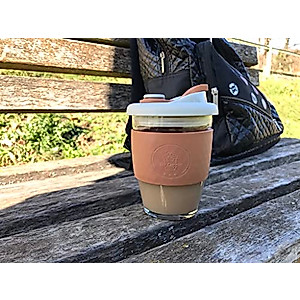 Mr.Cuppie 12 oz Glass Reusable Coffee Cups with Lids, Glass Travel Mugs with Non-slip Sleeve Dishwasher and Microwave Friendly Cup, Glass Tumbler Eco-Friendly Coffee Travel Mug (Mocha)