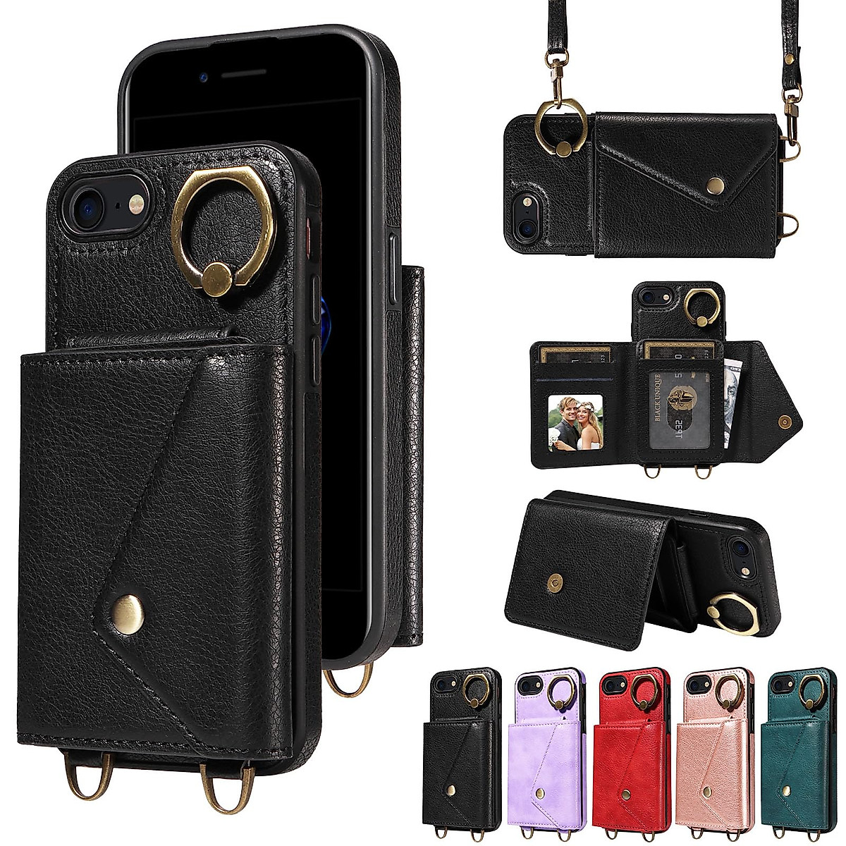 YIRRANZD Crossbody Wallet Case for iPhone SE 2020 / SE 2022/8 / 7 with Card Holder, Leather Case with Long Shoulder Strap, Purse Shockproof Flip Cover for iPhone SE 2020 / SE 2022/8 / 7 (Black)