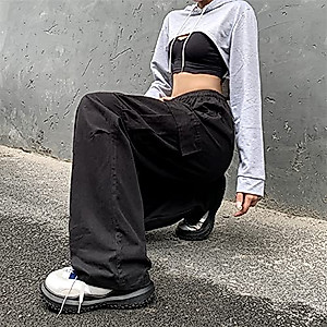 Linsennia Parachute Pants for Womens Wide Leg Cargo Pants Y2k with Pockets Baggy Casual Harajuku Streetwear Goth