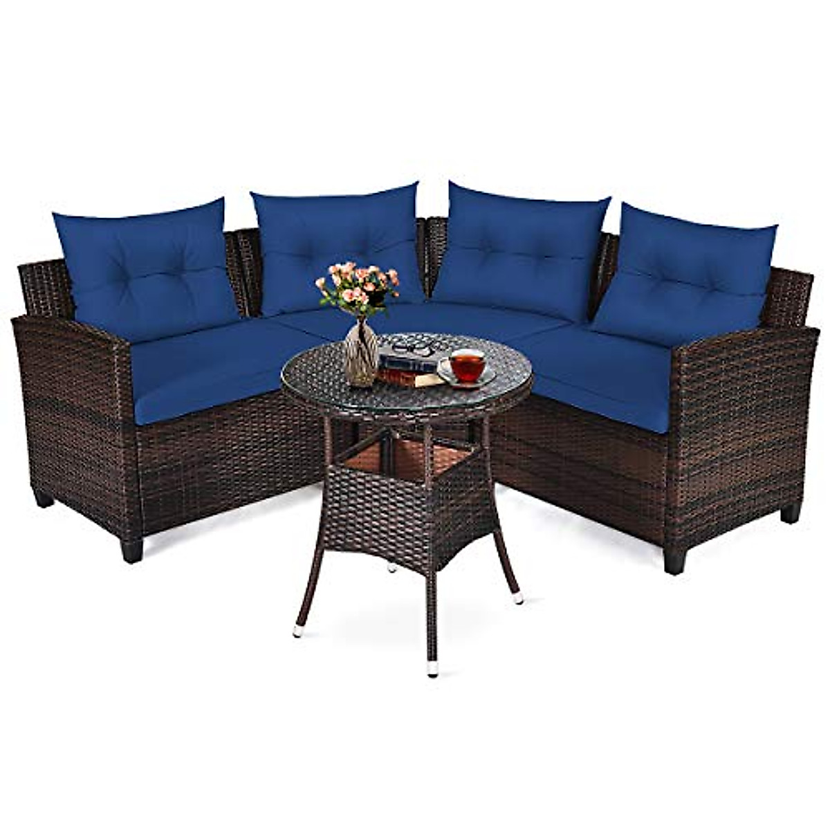 Tangkula 4-Piece Patio Furniture Set, C-Shape Outdoor Wicker Sectional Sofa Set, w/Cushions & Glass Coffee Table, Modern Deck Rattan Furniture for Garden Poolside Balcony (Navy Blue)