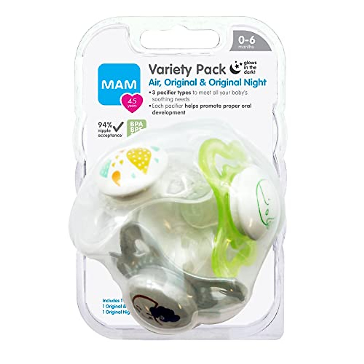 MAM Variety Pack Baby Pacifier, Includes 3 Types of Pacifiers, Nipple Shape Helps Promote Healthy Oral Development,0-6 Months, Unisex, 3 Count (Pack of 1)