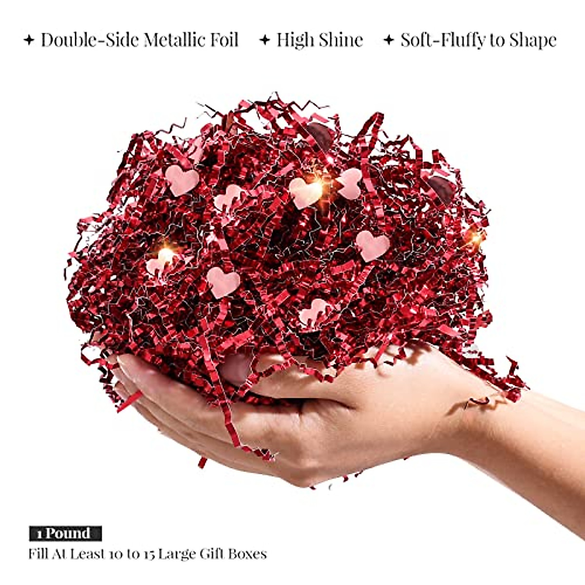 PAPER FAIR 1 LB Valentine's Day Crinkle Cut Paper with Rose Gold Heart Confetti, Metallic Red Paper Shred Filler Strand Raffia Tissue Craft Bedding Cushion, Christmas Party Birthday Gift Box Basket Retail