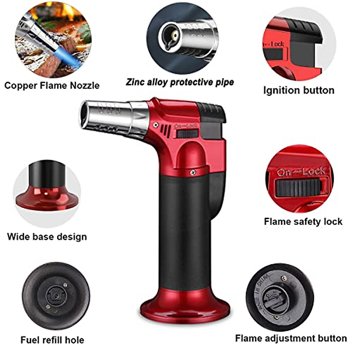 2 Pack Blow Torch,Refillable Butane Torch Kitchen Cooking Torch Lighter with Safety Lock Adjustable Flame for Creme Brulee BBQ Baking—Butane Gas Not Included (Black/Red)