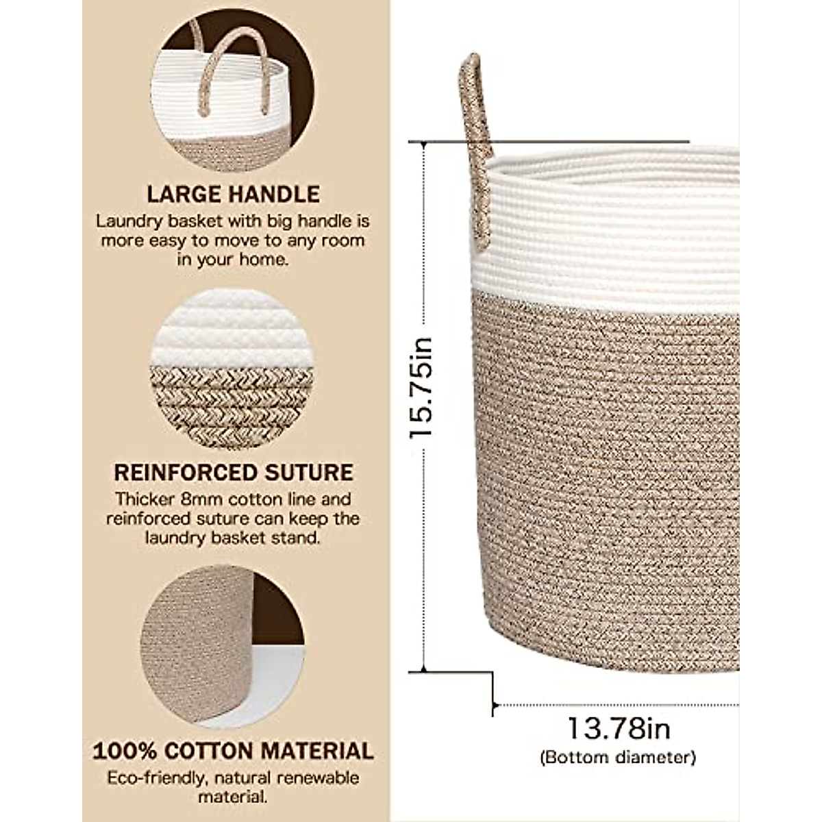 ZYER Cotton Rope Laundry Basket tall rope basket for Clothes 49L Storage Laundry Basket for Toy Cotton Rope Laundry Basket with Handles 35 * 40CM