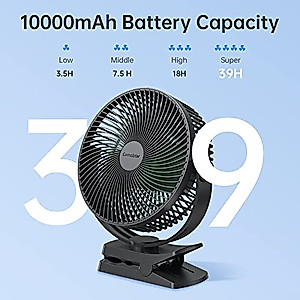 10000 mAh 8.5 Inch Clip-on Fan, Rechargeable Battery Operated Portable Fan with 4 Speeds, Quiet, USB Camping Fan with Hook, for Golf Cart, Treadmill, Lasts 40hrs, Baby Stroller, Office Desk Fan