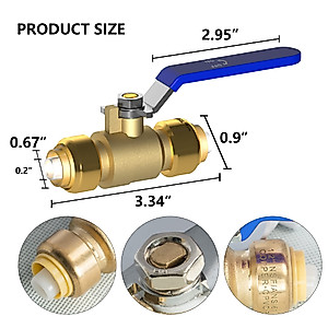 Hourleey 2 Pieces 1/2 Inch Push-Fit Full Port Ball Valve for Hot and Cold Water with Disconnect Clip, Water Stop Shut Off, 1 Piece Each