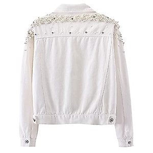Kedera Women's Embroidered Rivet Pearl Short Denim Jacket Coat (White, Medium)