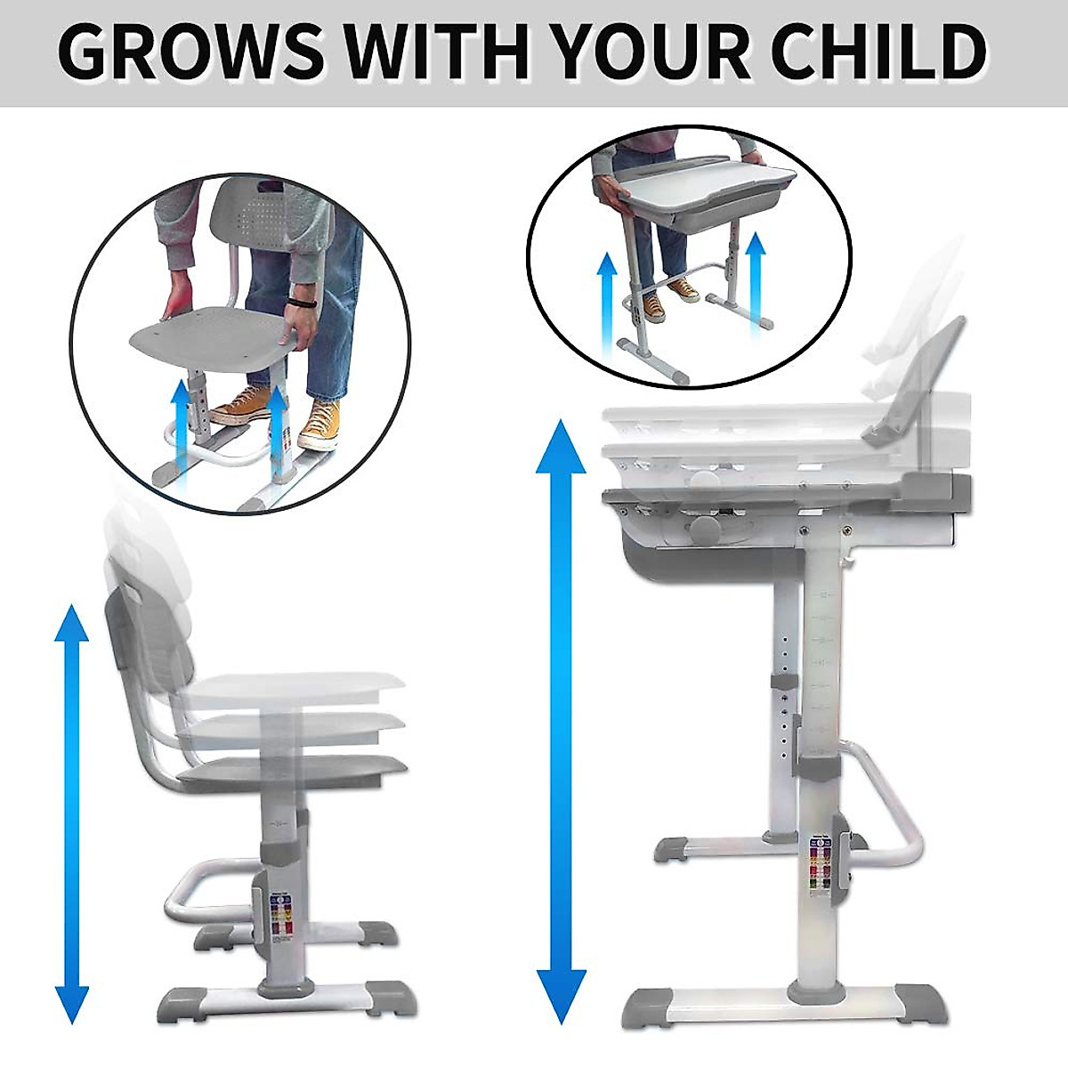 LVYUAN Kids Desk and Chair Set, Height Adjustable Kids Study Desk for Bedroom, Desk for Kids with Tiltable Desktop, 3 Modes Light, Go Back School Desk, Grey