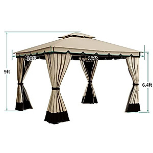 YITAHOME 10x12ft Gazebo for Patios Outdoor Double Roof Canopy Gazebo with Netting & Curtains, Soft Fabric Top Garden Winds Tent with Steel Frame for Lawn, Garden, Backyard and Deck (Khaki)