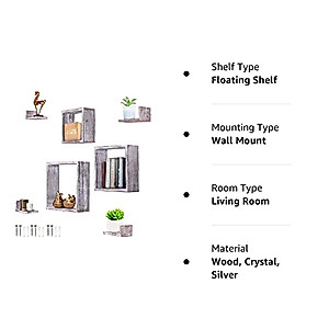 Comfify Rustic Wall Mounted Square Shaped Floating Shelves – Set of 7 – 3 Square Shelves and 4 L-Shaped Rustic Shelves – Screws and Anchors Included – Rustic Wall Décor - Rustic White