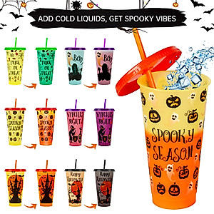 VoziSpace Halloween Decorations Color Changing Reusable Cups with Lids and Straws - 12 Pack 24 oz Plastic Tumblers Bulk with Lids and Straws - Reusable for Party Cups