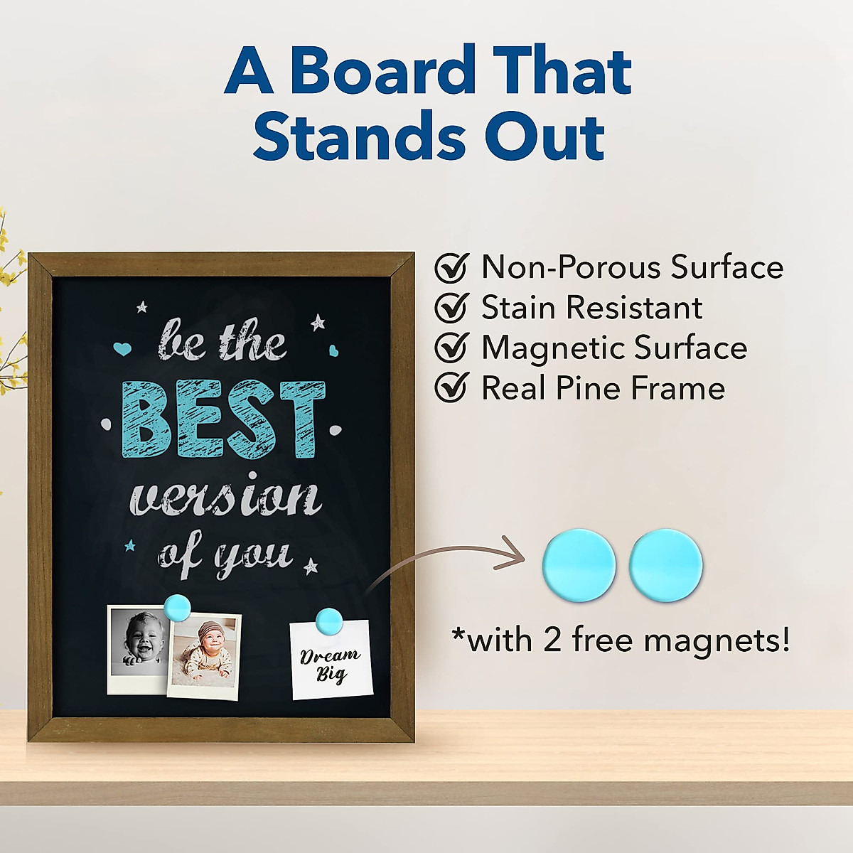 Besso Small Chalkboard Signs with Stand, 11x14 Deep Black, Slate Magnetic Chalk-Board, Non-Porous Surface with Rustic Pine Wood Frame - Tabletop Sign (Brown)