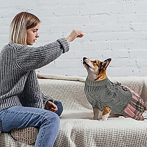 Weewooday 2 Pieces Dog Sweater Plaid Dress Turtleneck with Bow Tie Cold Weather Sweater Pet Sweater Pullover Knitwear Puppy Sweater for Fall Winter Red and Gray (Medium)