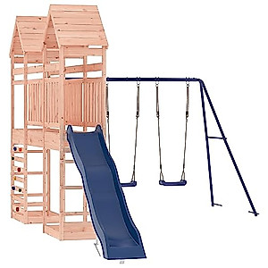 GOLINPEILO Outdoor Playset Solid Wood Douglas,Garden Play Set with 1 Play Towers with Bridge,1 Wave Slide,1 Double Swing Set,Modern Outdoor Backyard Children's Climbing Wood Playground Playset,-4595