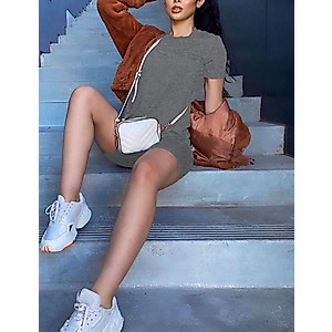 Kaximil Women's 2 Piece Club Outfits Casual Top T Shirt Biker Legging Shorts Set, Medium, Grey