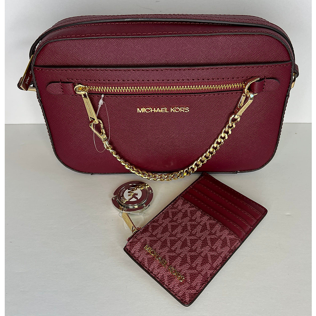 Michael Kors Jet Set Large Chain Crossbody Bag bundled with with SM TZ Coinpouch Wallet Purse Hook (Mulberry/Signature MK Mulberry