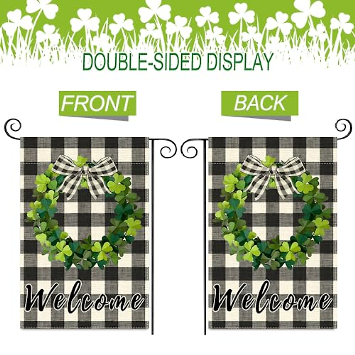 BEZKS St Patricks Day Small Garden Flag 12.5 x 18 Inch, Best Choice Bow Shamrock Wreath Welcome Double Sided Decorative Flag For Outside Yard Lawn Decoration (JS01)