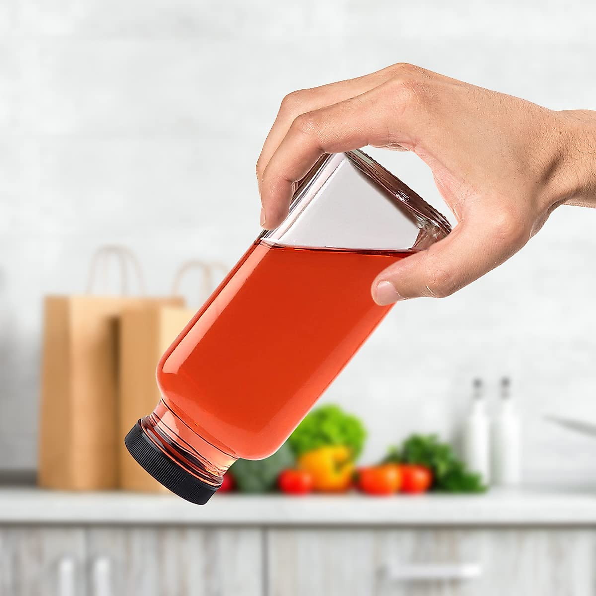 WERTIOO 12 oz Glass Juice Bottles, 20 Pack Glass Water Bottles with Caps Square Vintage Drink Bottles with Labels and Brush for Storage Juicing, Milk, Tea, Kombucha