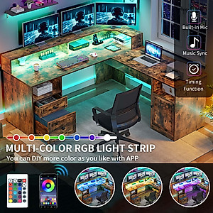 YITAHOME L Shaped Desk with Power Outlets & LED Lights, 60" Corner Computer Desk with Drawers & Lift Top, Home Office Desk with Monitor Stand & File Cabinet, Wood Height Adjustable Desk, Rustic Brown