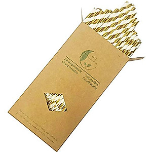Shining Gold Striped Paper Straws, 100Percent Biodegradable Decorate Straws, Premium Cocktails Straws for Drinking, Juice, Smoothie Packed 100, 6x197mm