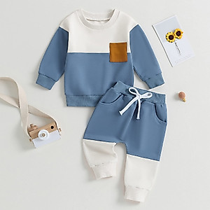 Tsnbre Baby Boy Clothes Outfits Fall Long Sleeve Color Block Sweatshirt Tops Casual Pants Newborn 2Pcs Set