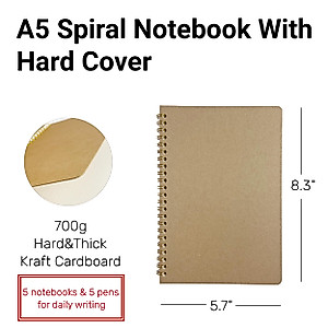 AOU 5-Pack Graph Paper Spiral Notebook with 100gsm Thick Paper, Hard Cover Grid Journals with Total 500 Grid Pages, 8.3"x5.7", Graphing Notebooks for School&Office Supplies (Brown)