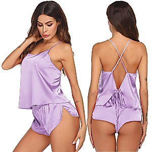 Ekouaer Silk Pajamas Set for Women Satin Backless Lingerie Pjs Cami Top and Shorts Nightwear Lavender