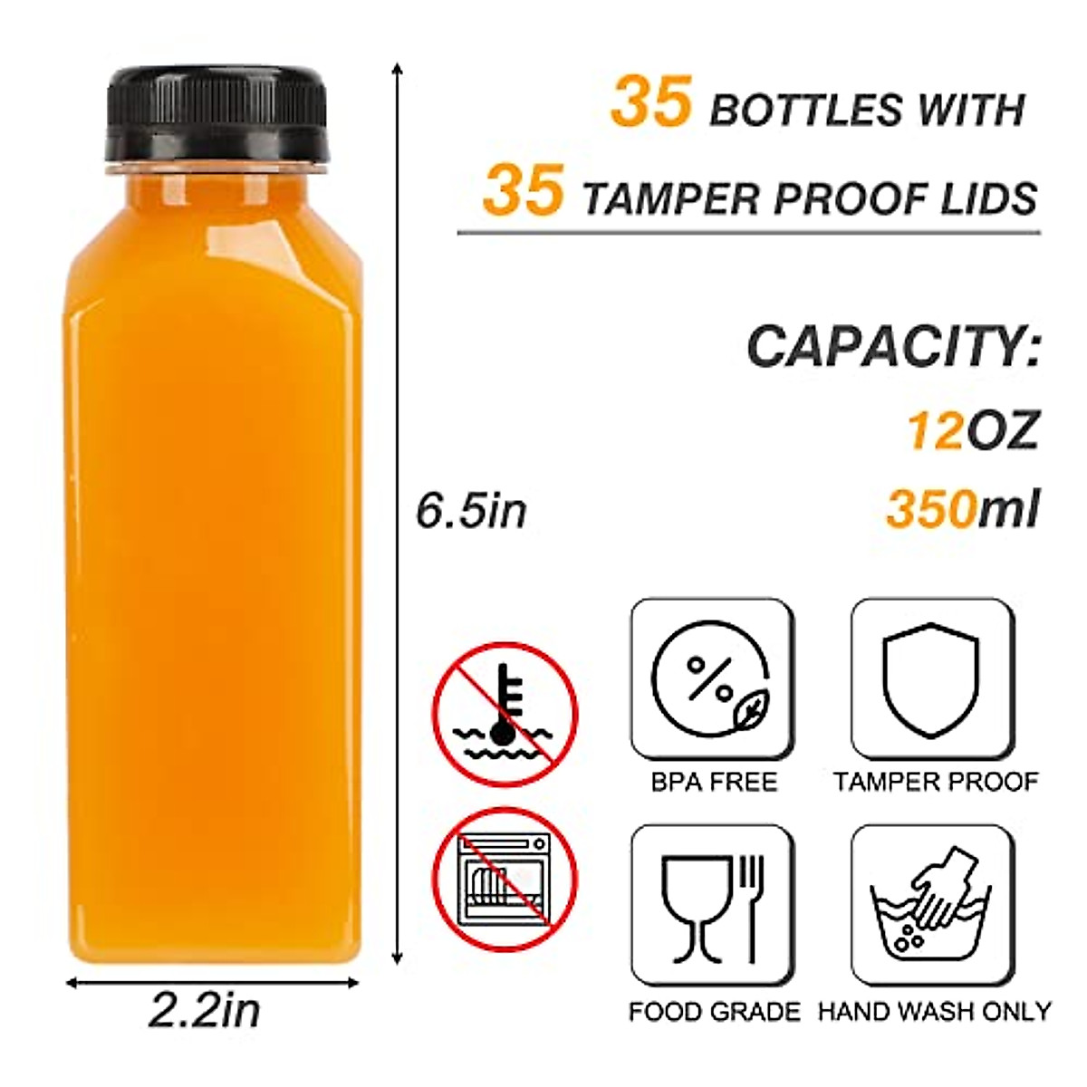TOMNK 35pcs 12oz Plastic Juice Bottles with Caps Empty Reusable Clear Bottles Beverage Containers Bulk with Lids, Label, Funnel and Brush for Juicing, Smoothies, Tea, Milk and Beverages